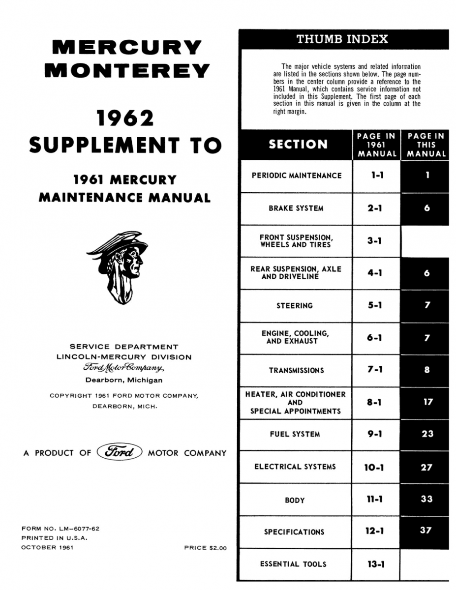 1962 Mercury Monterey Supplment to 1961 Mercury Maintenance Manual ...