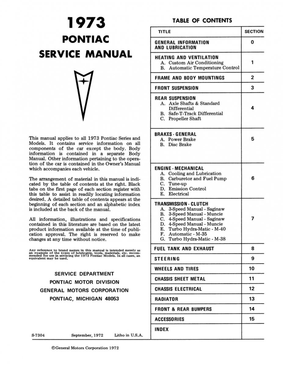 1973 Pontiac Service Manual | Malm Motors